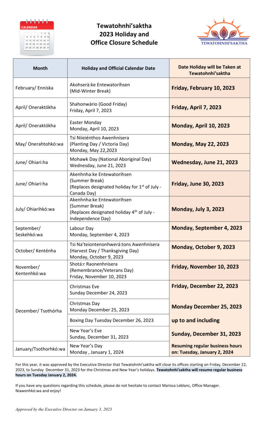 Holiday Office Schedule - Tewa